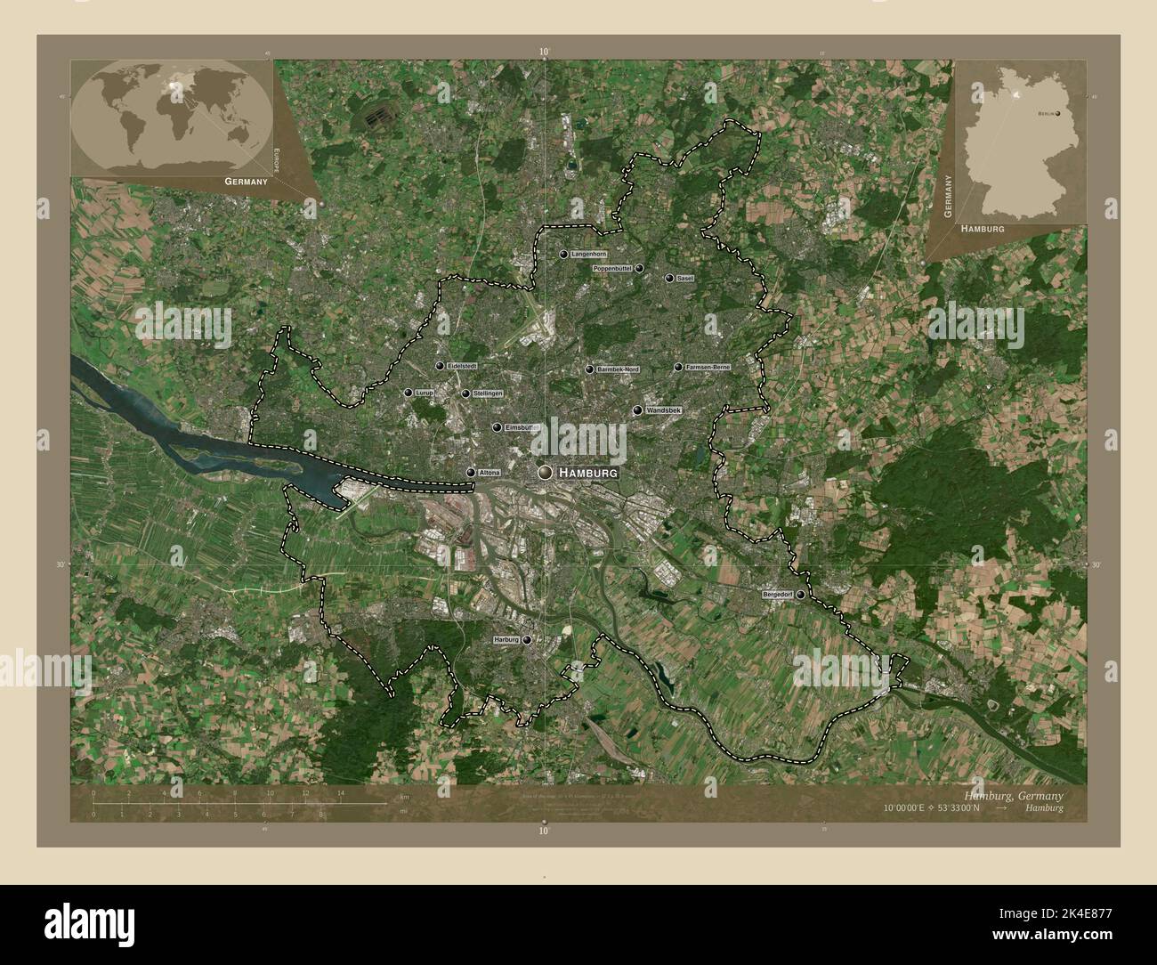 Hamburg, state of Germany. High resolution satellite map. Locations and ...
