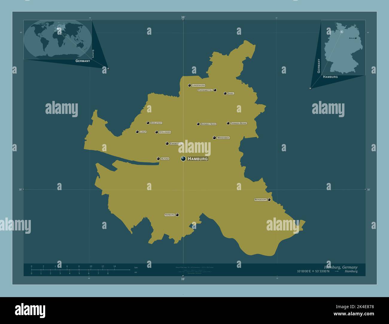 Hamburg, state of Germany. Solid color shape. Locations and names of ...