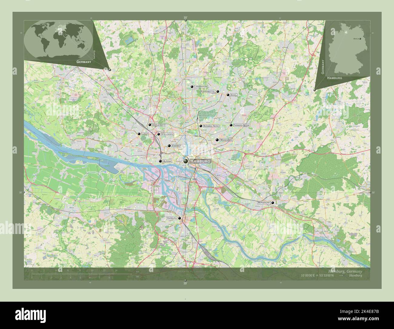 Hamburg, state of Germany. Open Street Map. Locations and names of ...