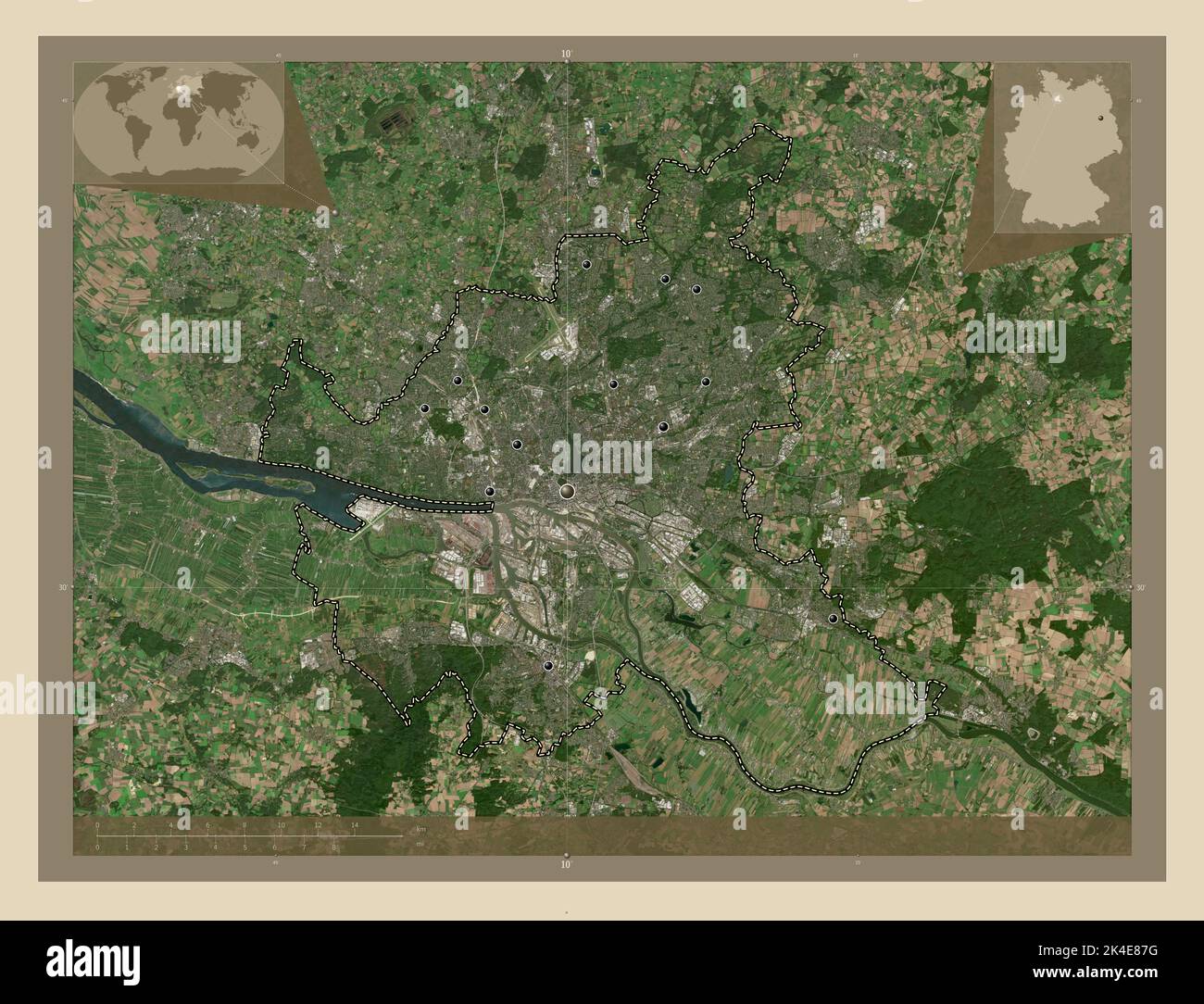 Hamburg, state of Germany. High resolution satellite map. Locations of ...