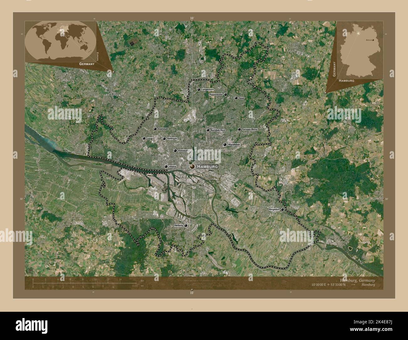 Hamburg, state of Germany. Low resolution satellite map. Locations and ...