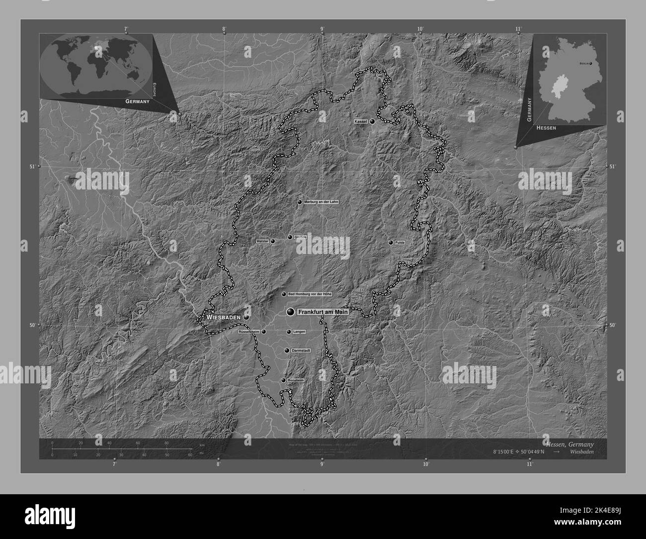 Hessen, state of Germany. Bilevel elevation map with lakes and rivers ...