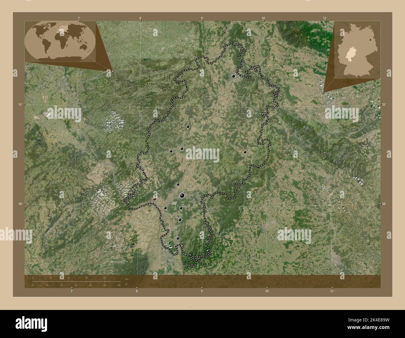 Hessen, state of Germany. Low resolution satellite map. Locations of ...