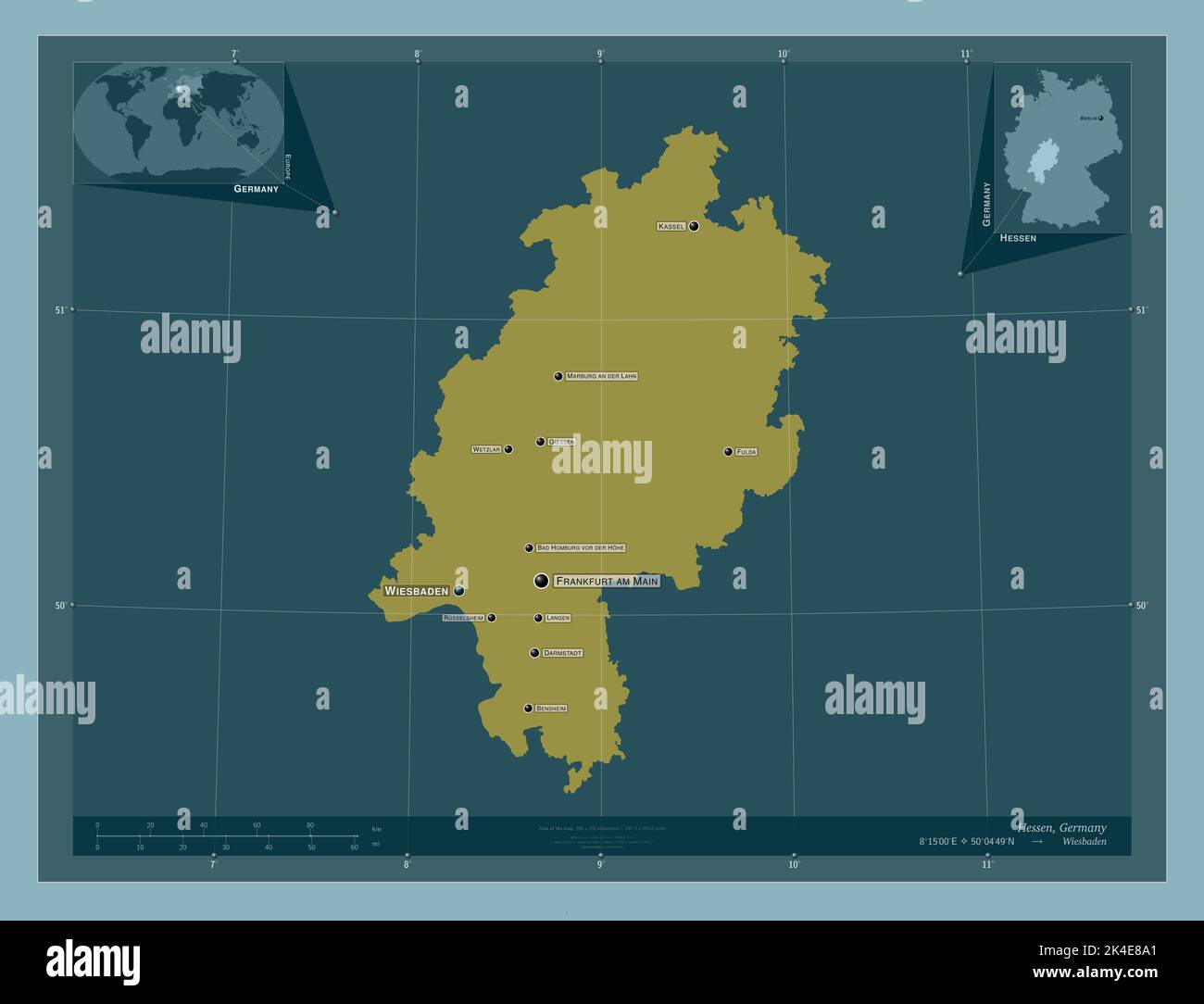 Hessen, state of Germany. Solid color shape. Locations and names of ...