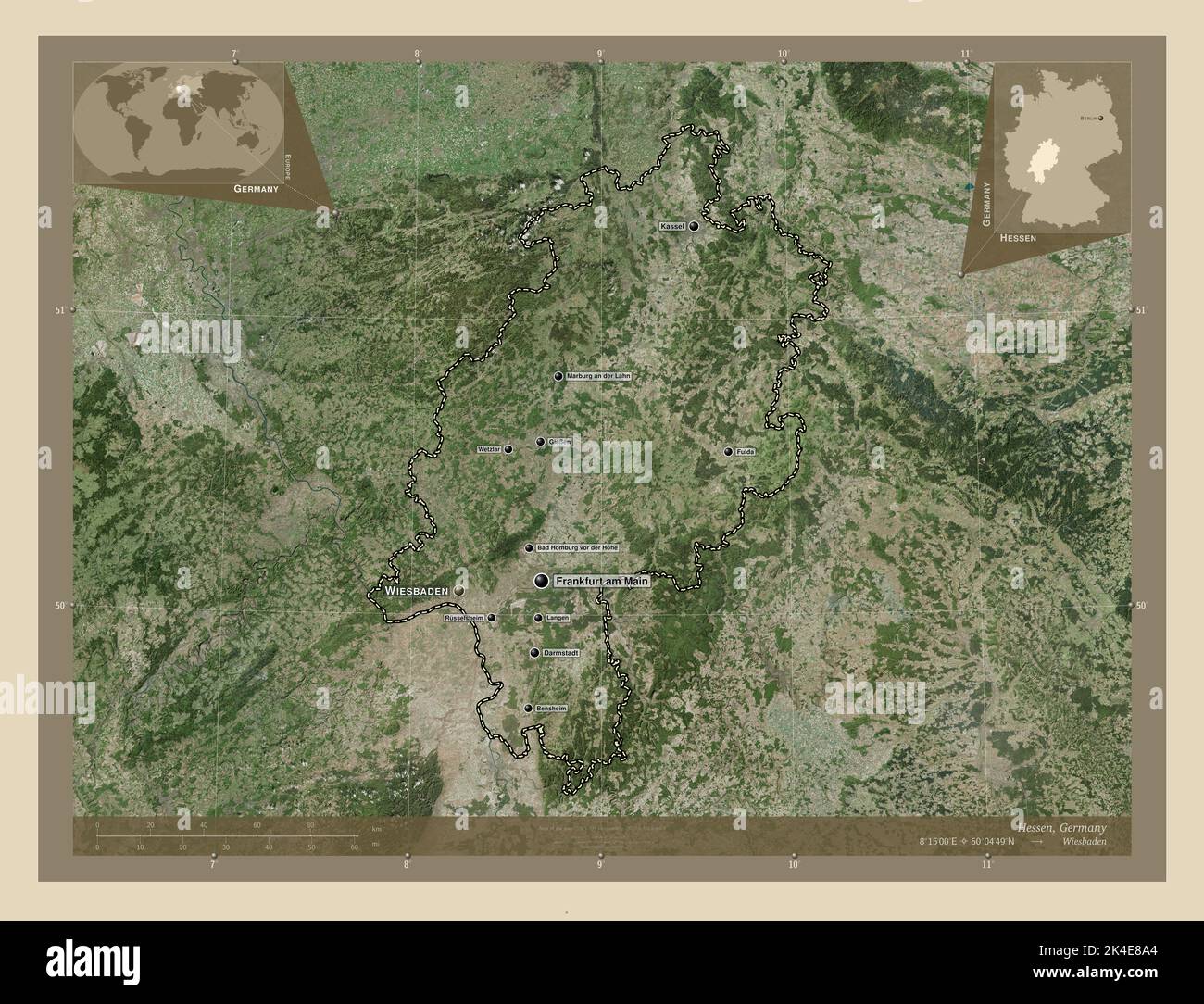 Hessen, state of Germany. High resolution satellite map. Locations and ...