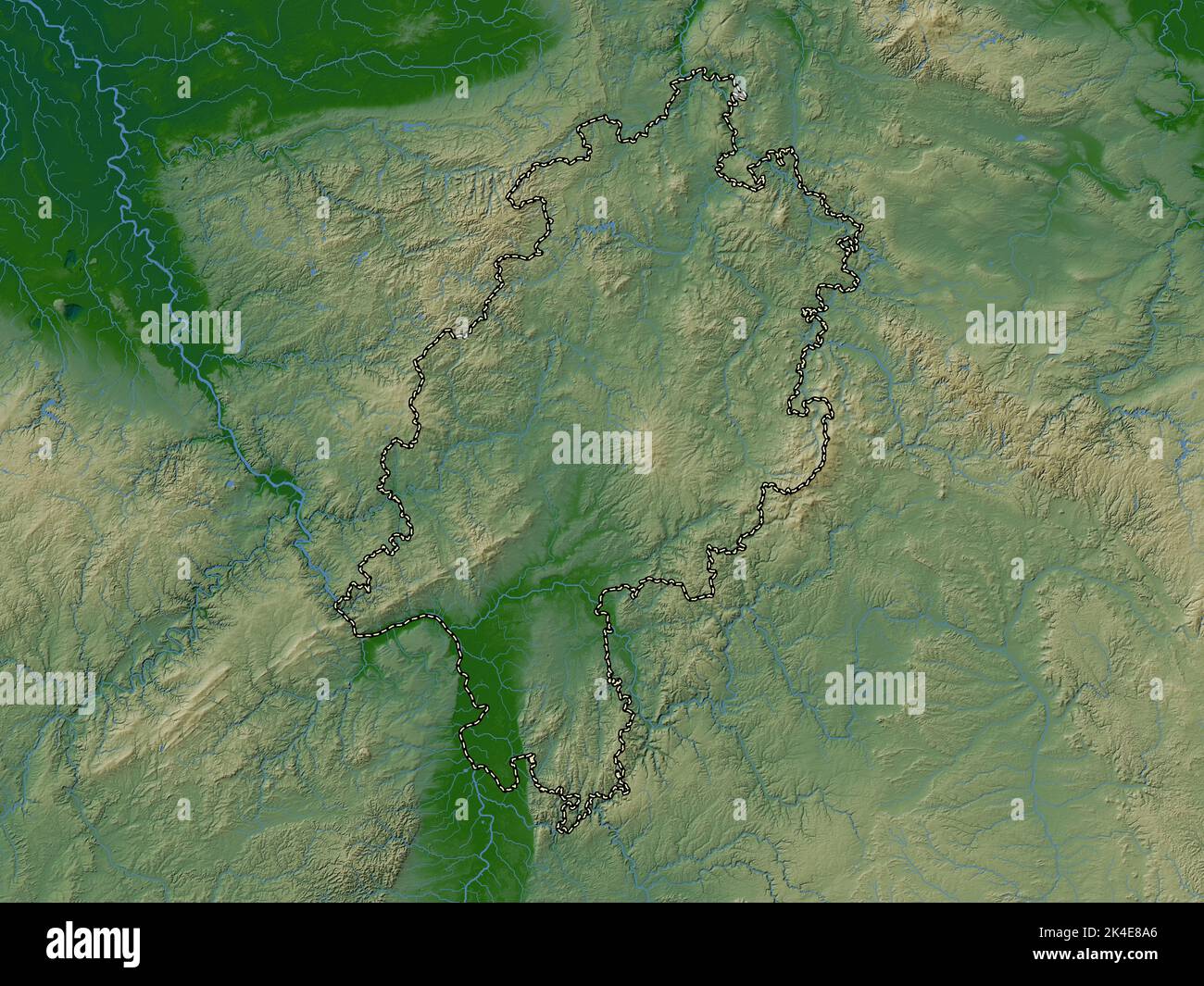 Hessen, state of Germany. Colored elevation map with lakes and rivers ...