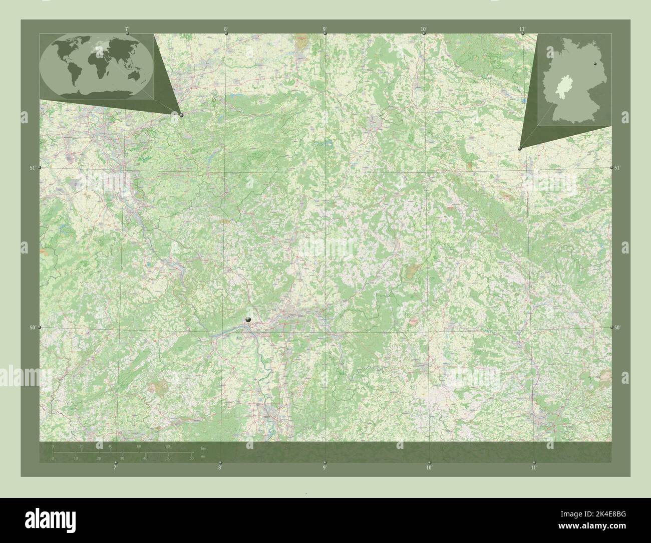 Hessen, state of Germany. Open Street Map. Corner auxiliary location ...