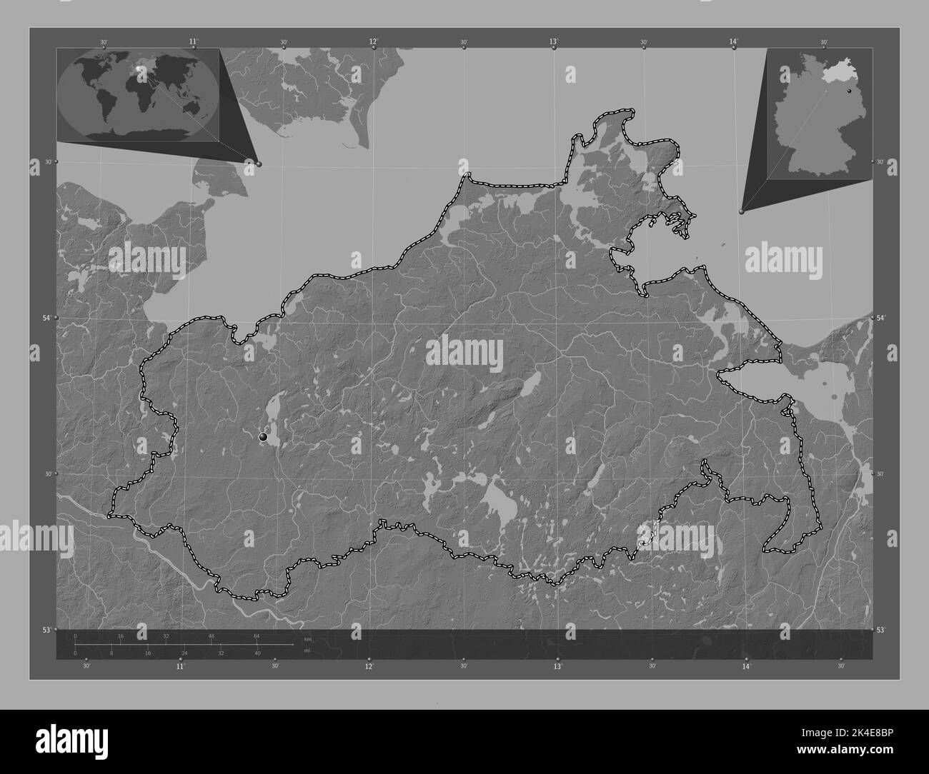 Mecklenburg-Vorpommern, state of Germany. Bilevel elevation map with lakes and rivers. Corner ...