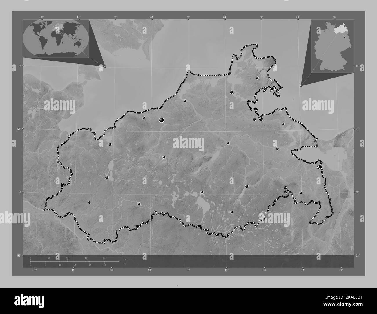 Mecklenburg-Vorpommern, state of Germany. Grayscale elevation map with ...