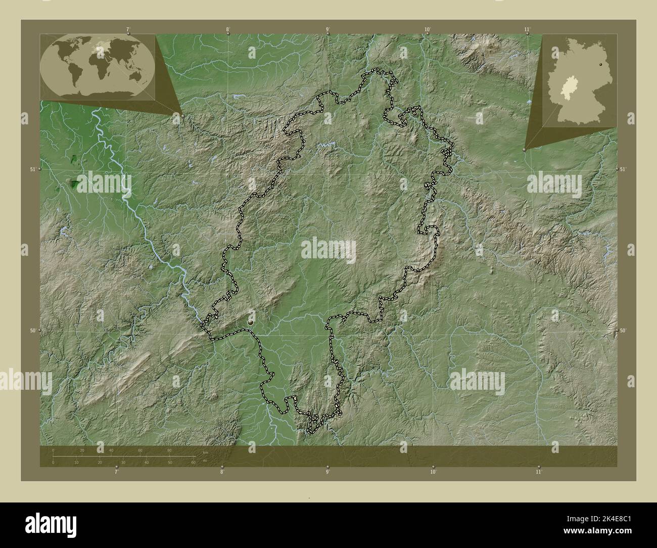 Hessen, state of Germany. Elevation map colored in wiki style with ...