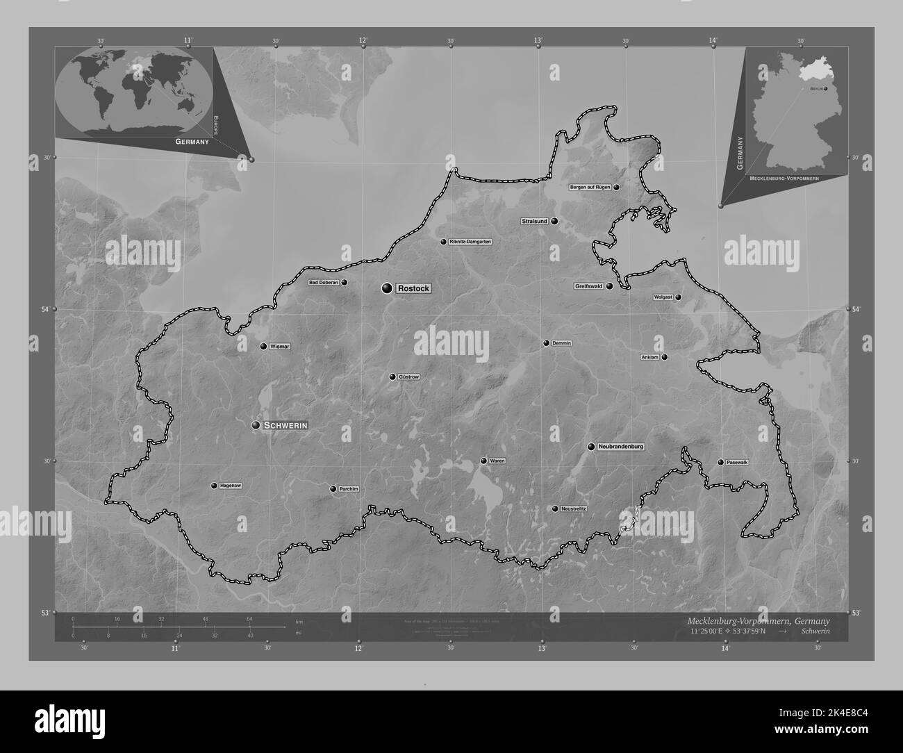 Mecklenburg-Vorpommern, state of Germany. Grayscale elevation map with ...