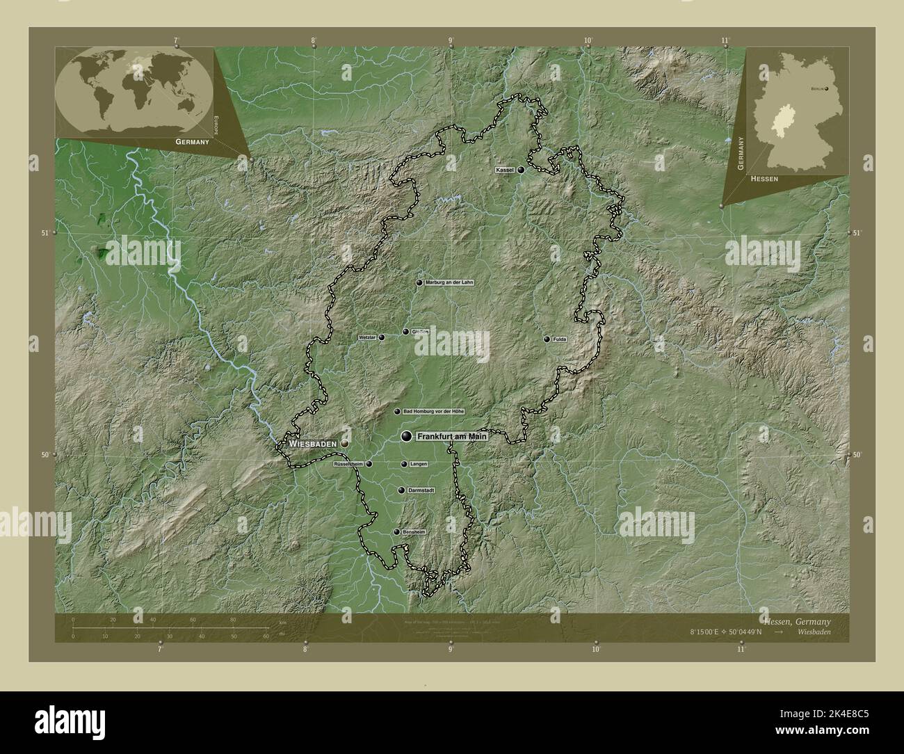 Hessen, state of Germany. Elevation map colored in wiki style with ...