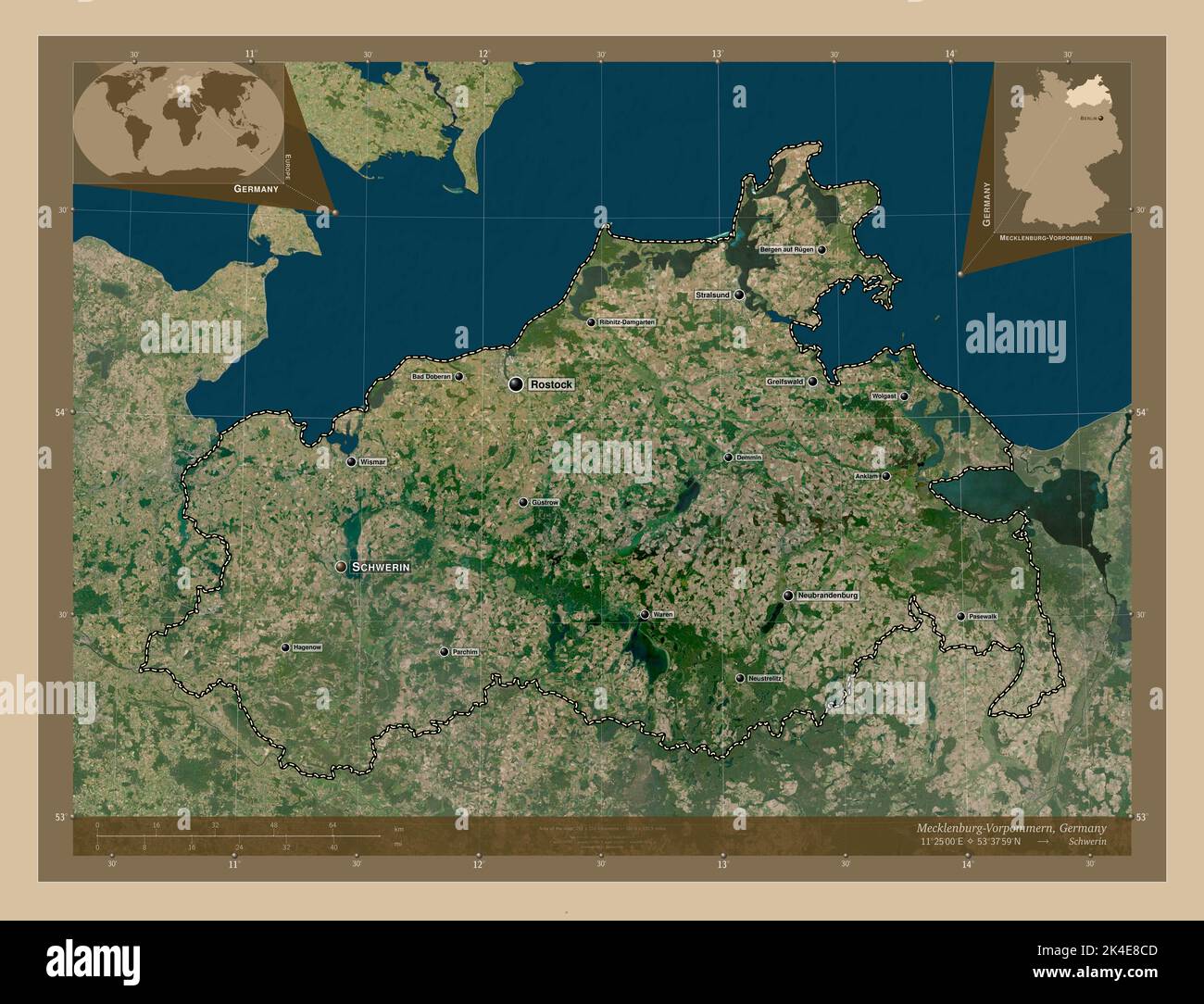 Mecklenburg-Vorpommern, state of Germany. Low resolution satellite map ...