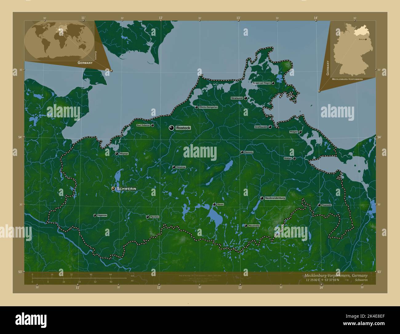Mecklenburg-Vorpommern, state of Germany. Colored elevation map with ...
