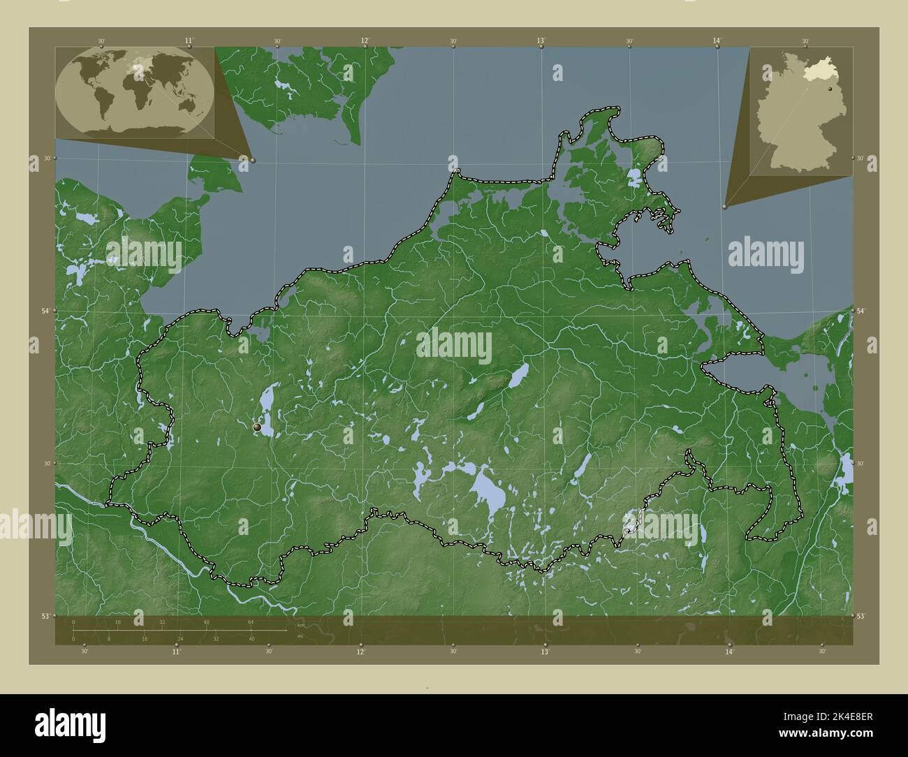 Mecklenburg-Vorpommern, state of Germany. Elevation map colored in wiki style with lakes and ...