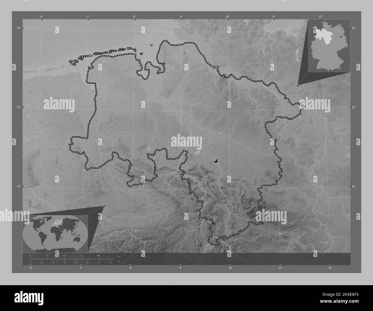 Niedersachsen, state of Germany. Grayscale elevation map with lakes and ...