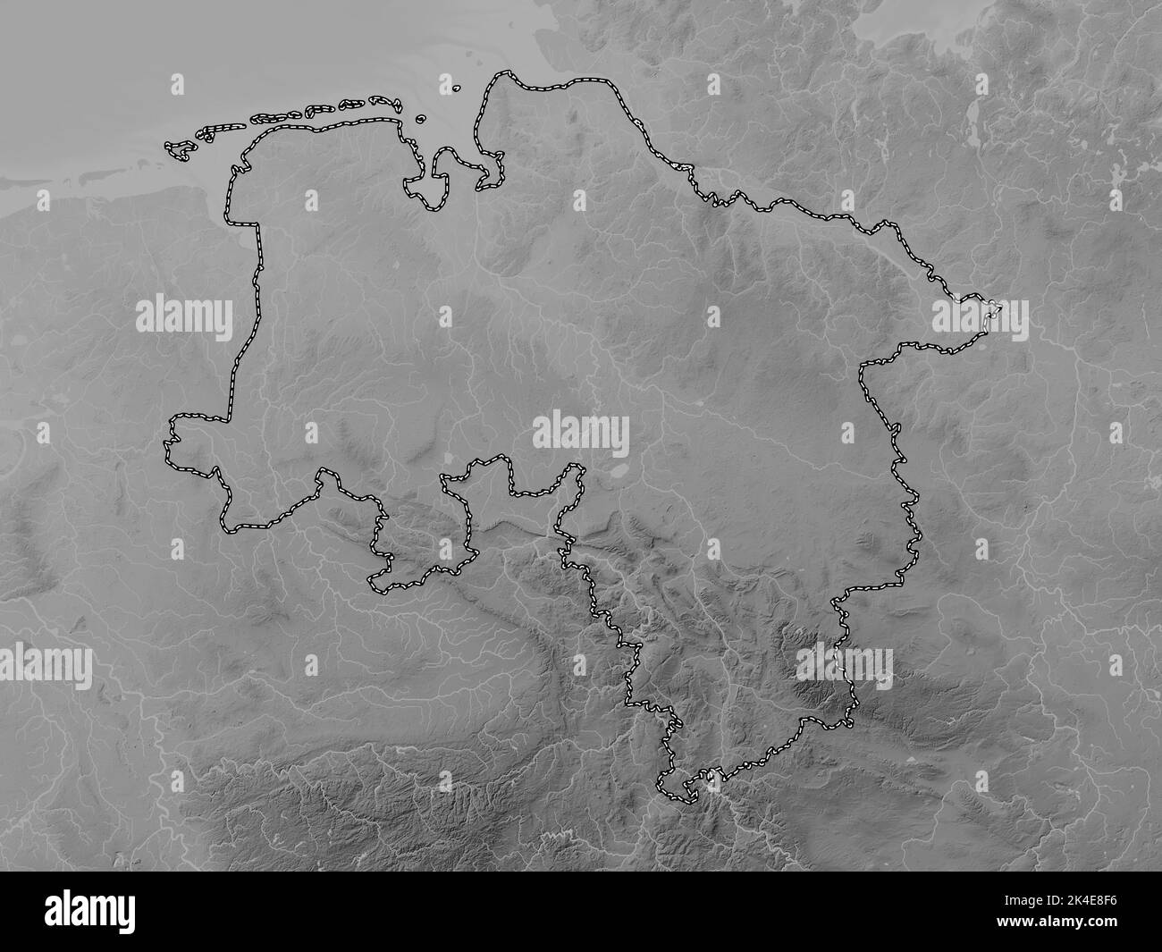 Niedersachsen, state of Germany. Grayscale elevation map with lakes and ...
