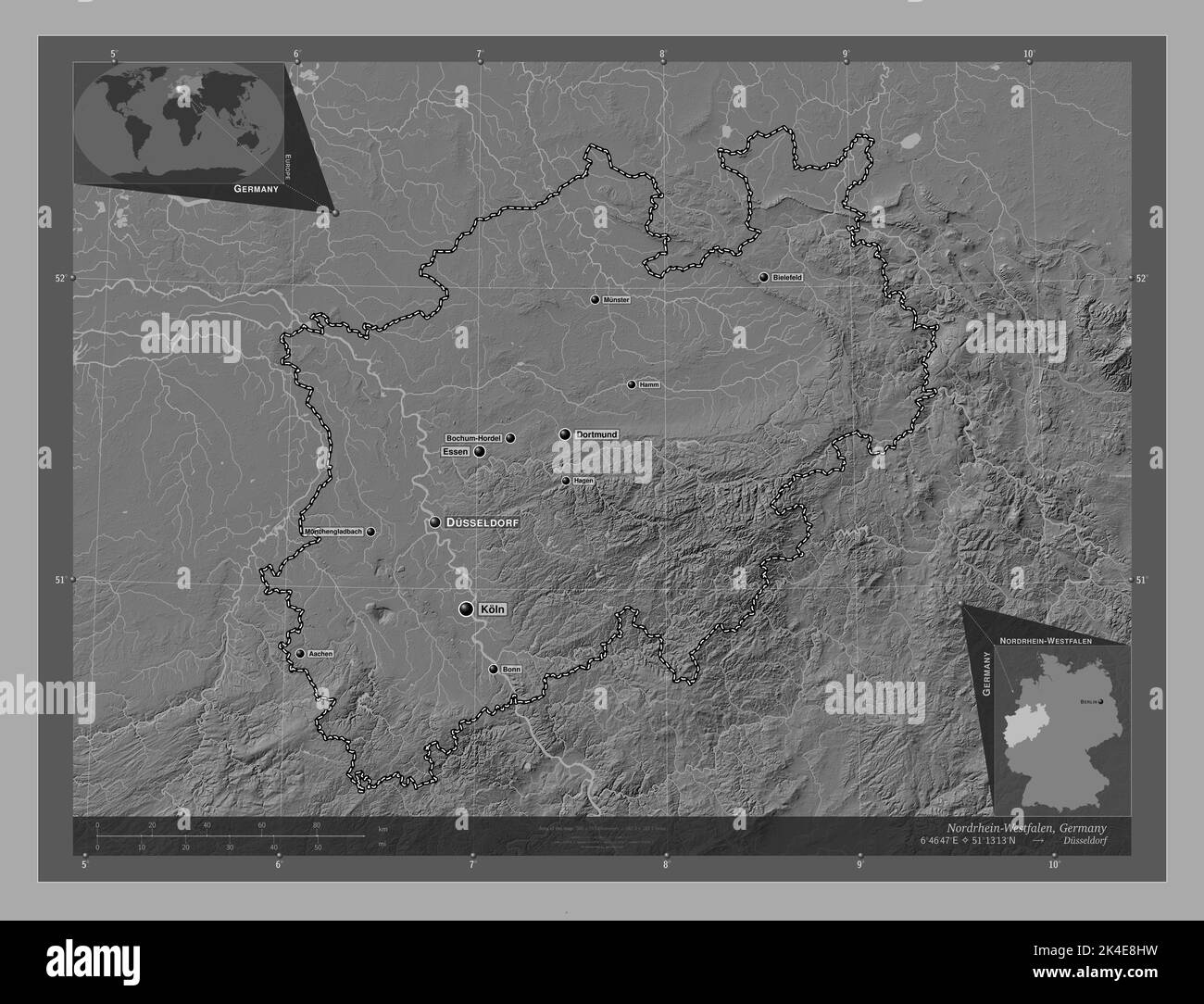 Nordrhein-Westfalen, state of Germany. Bilevel elevation map with lakes ...