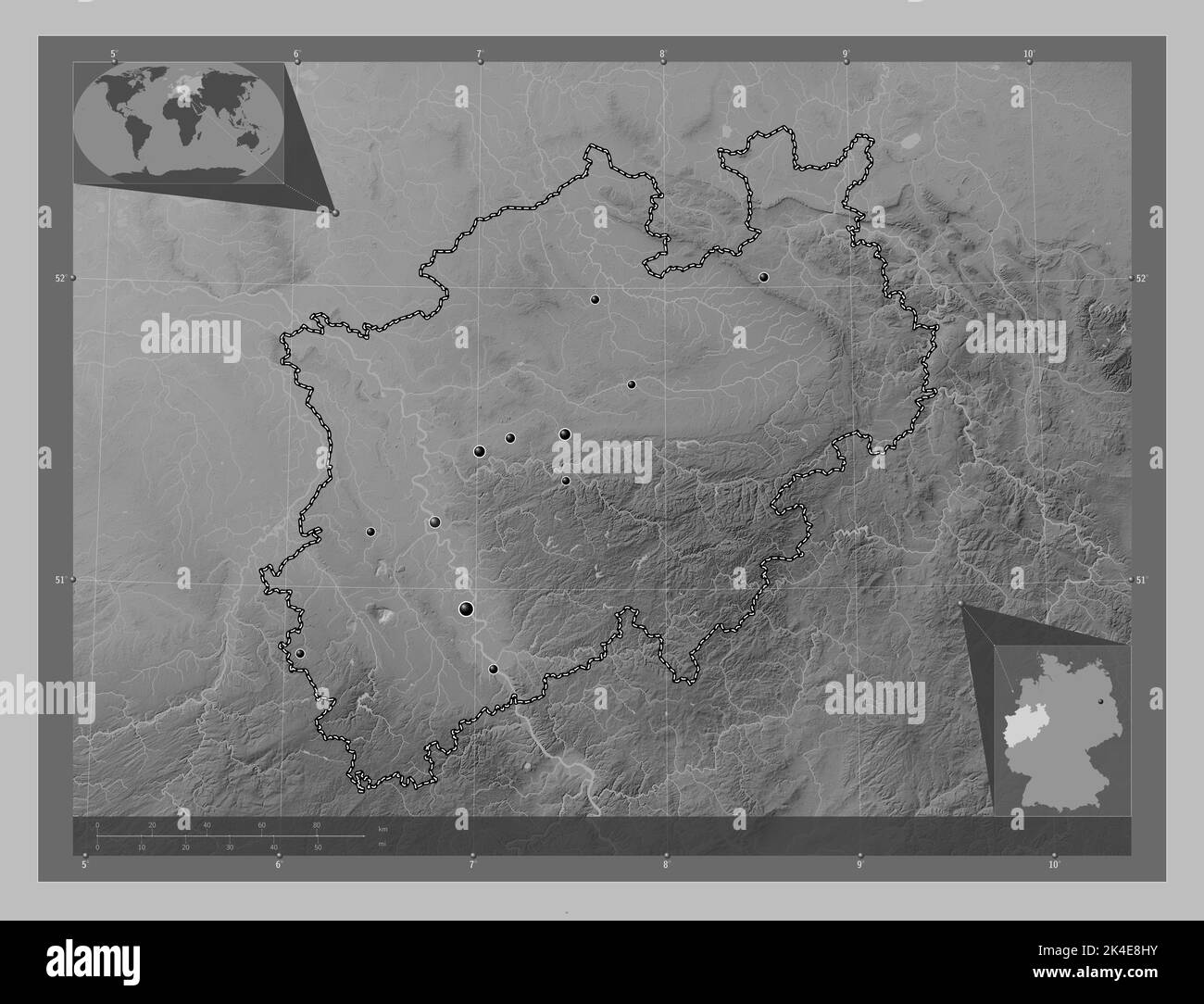 Nordrhein-Westfalen, state of Germany. Grayscale elevation map with ...