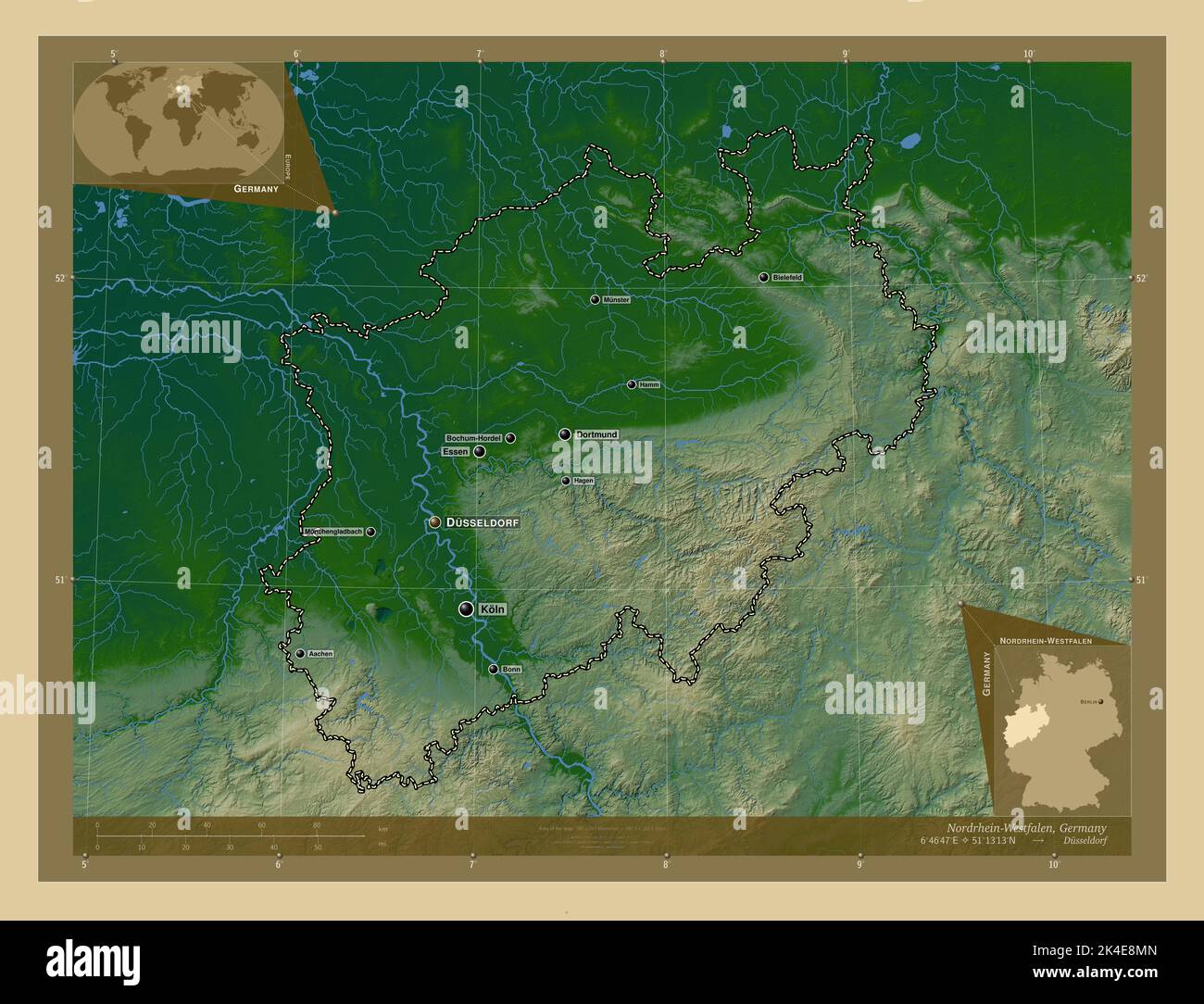 Nordrhein-Westfalen, state of Germany. Colored elevation map with lakes ...
