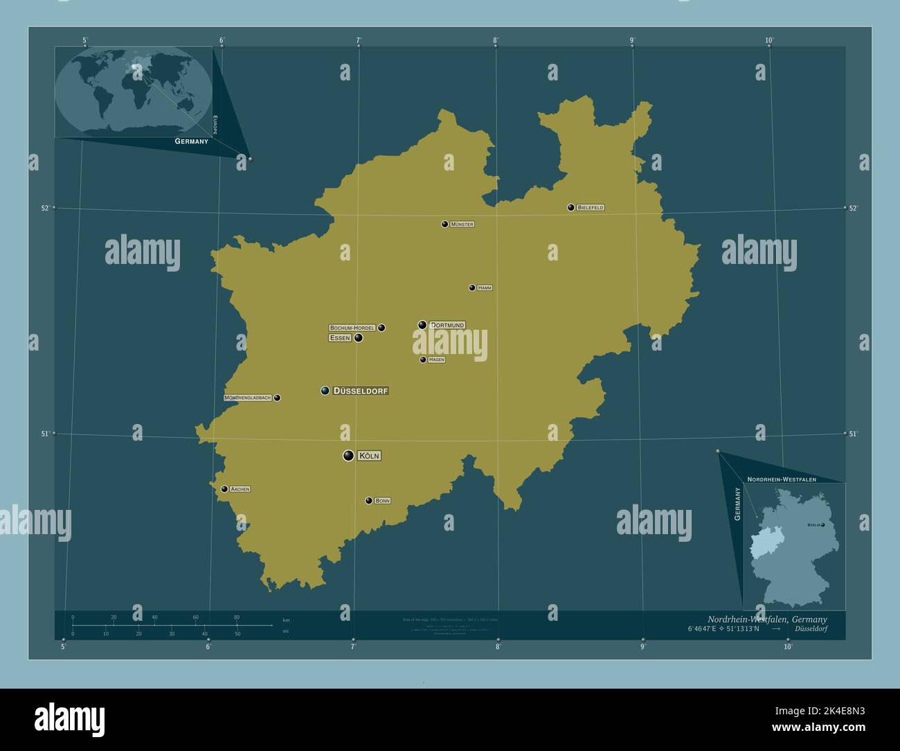 Nordrhein-Westfalen, state of Germany. Solid color shape. Locations and ...