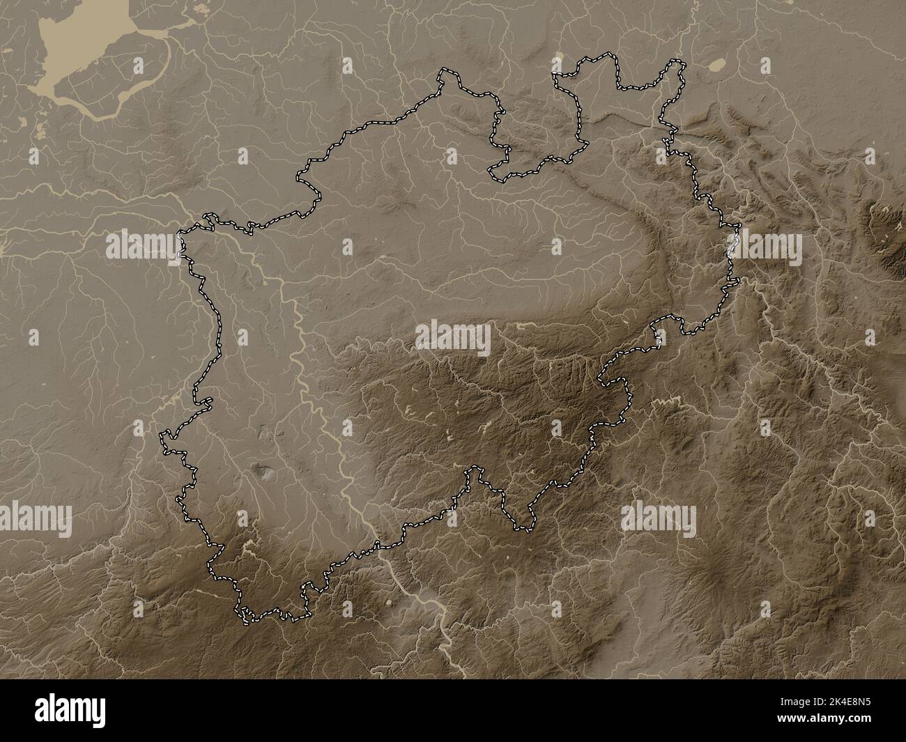 Nordrhein-Westfalen, state of Germany. Elevation map colored in sepia ...