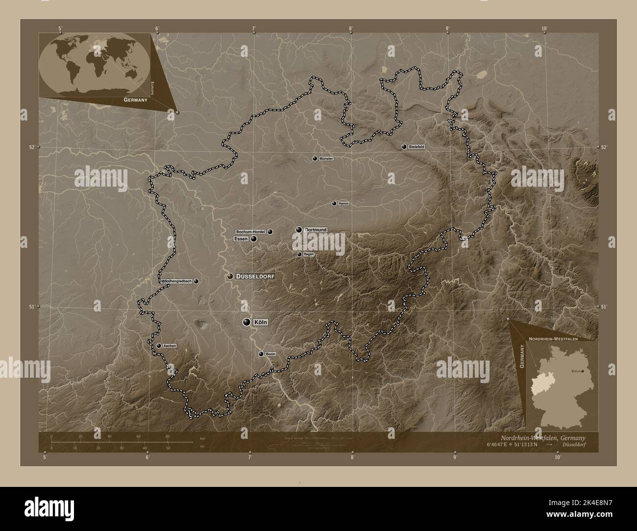 Nordrhein-Westfalen, state of Germany. Elevation map colored in sepia ...