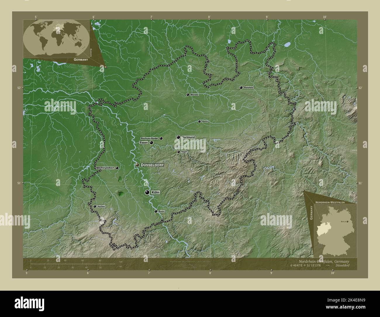 Nordrhein-Westfalen, state of Germany. Elevation map colored in wiki ...