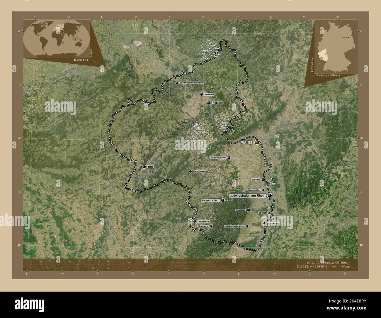 Rheinland-Pfalz, state of Germany. Low resolution satellite map ...
