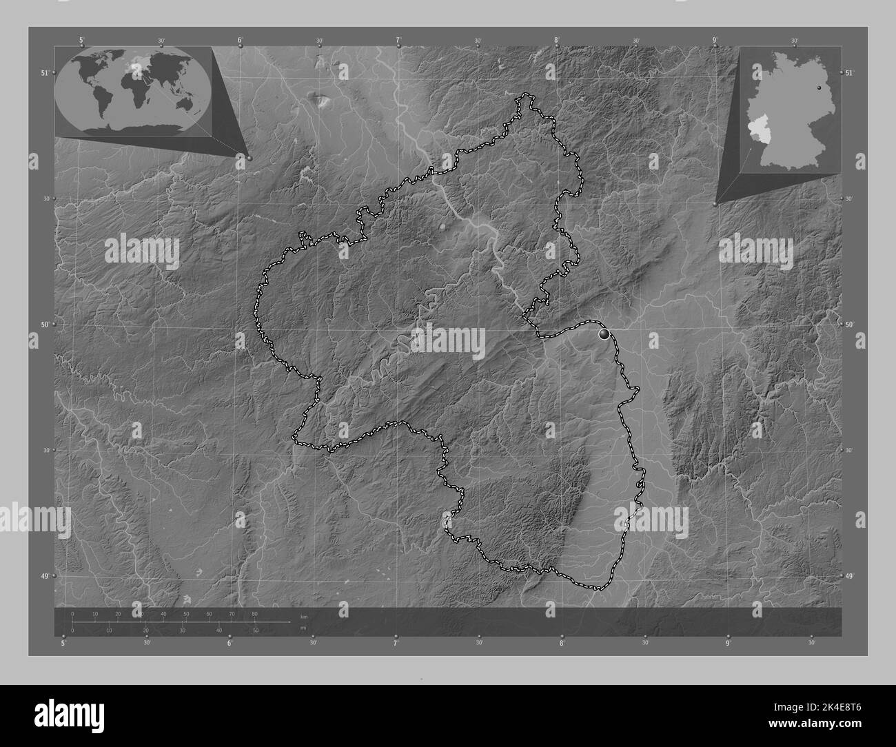 Rheinland-Pfalz, state of Germany. Grayscale elevation map with lakes ...
