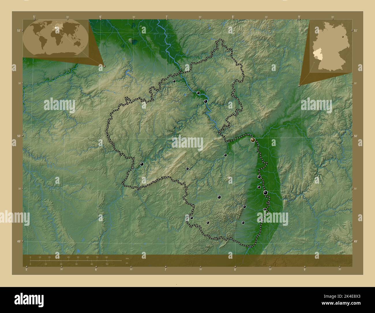 Rheinland-Pfalz, state of Germany. Colored elevation map with lakes and ...