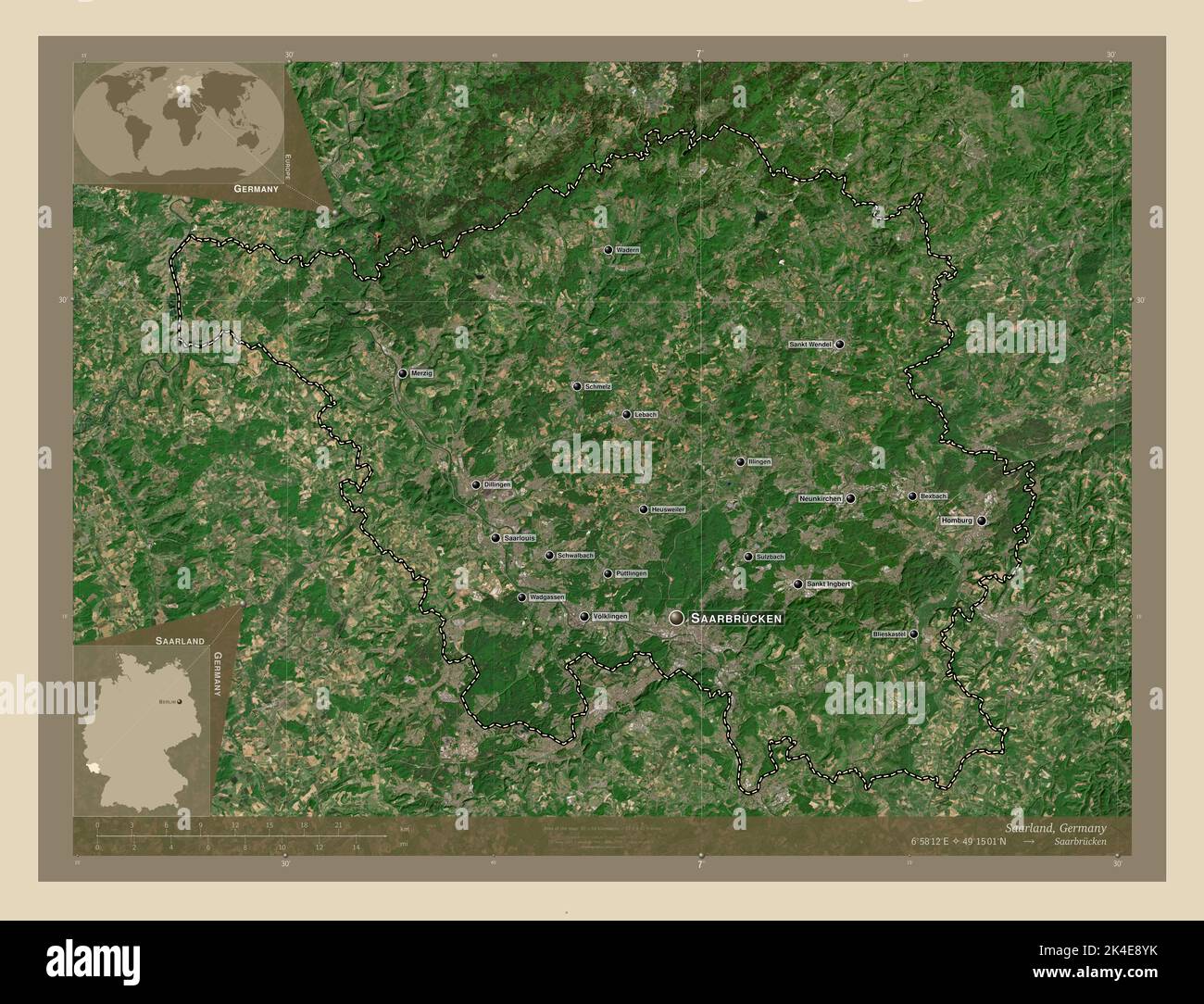 Saarland, state of Germany. High resolution satellite map. Locations ...