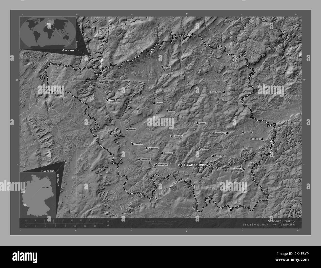 Saarland, state of Germany. Bilevel elevation map with lakes and rivers ...