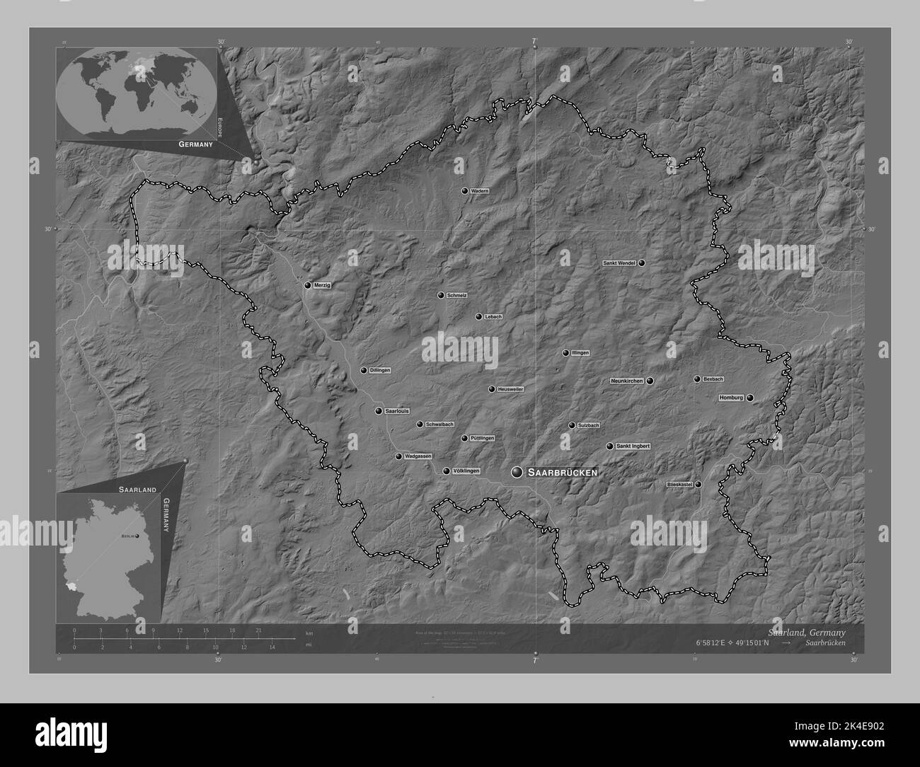 Saarland, state of Germany. Grayscale elevation map with lakes and ...