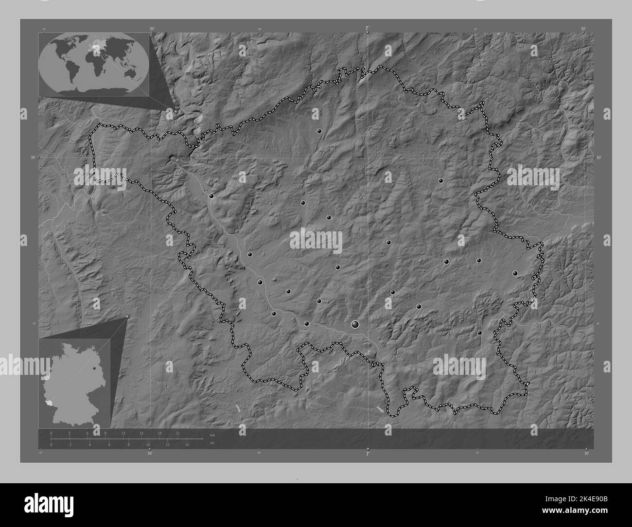 Saarland, state of Germany. Grayscale elevation map with lakes and ...