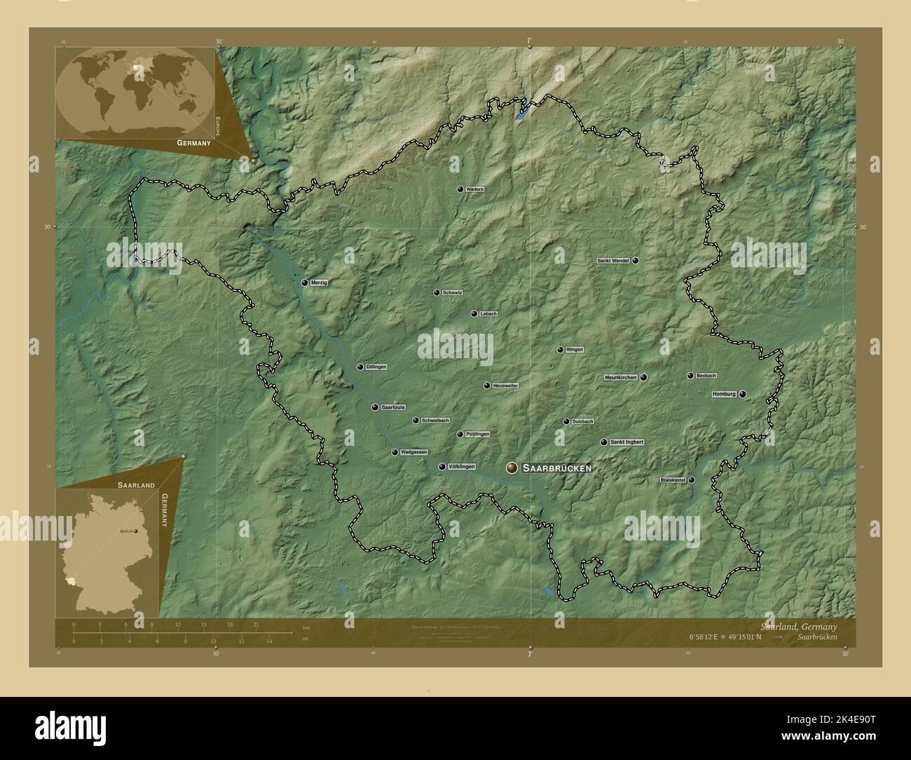 Saarland, state of Germany. Colored elevation map with lakes and rivers ...