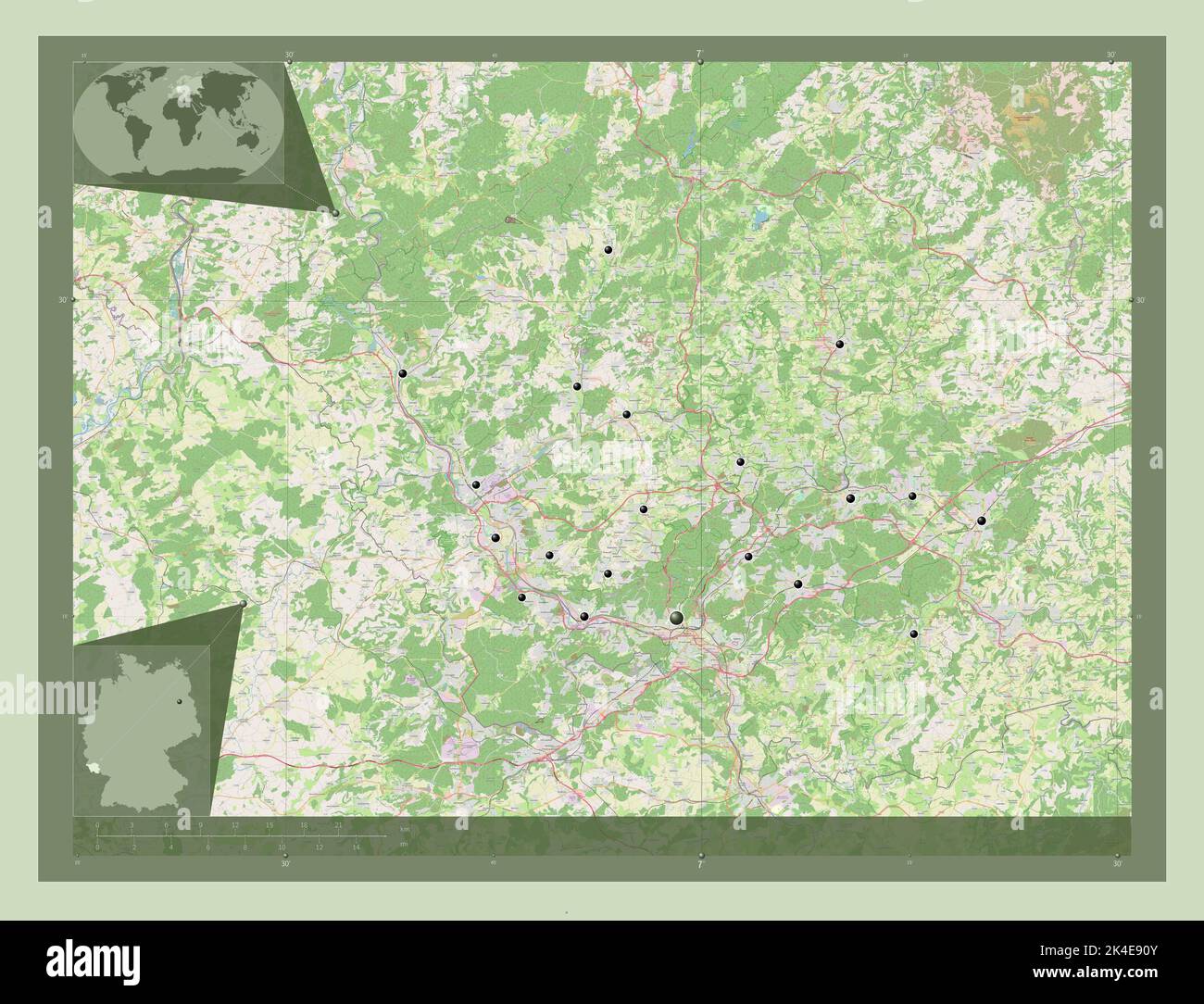 Saarland, state of Germany. Open Street Map. Locations of major cities ...