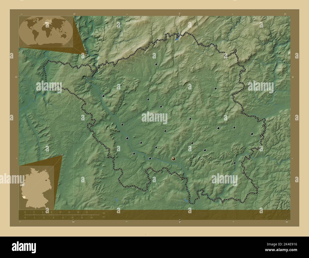 Saarland, state of Germany. Colored elevation map with lakes and rivers ...