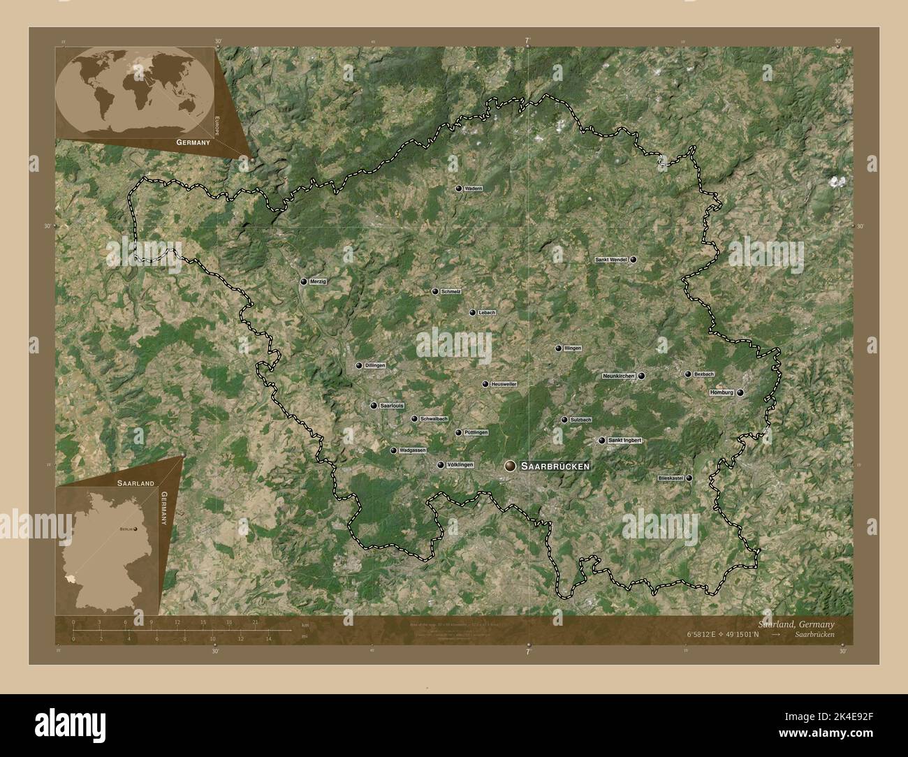 Saarland, state of Germany. Low resolution satellite map. Locations and ...