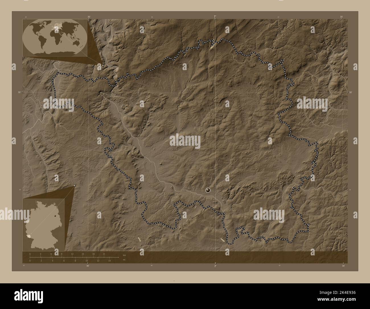 Saarland, state of Germany. Elevation map colored in sepia tones with ...