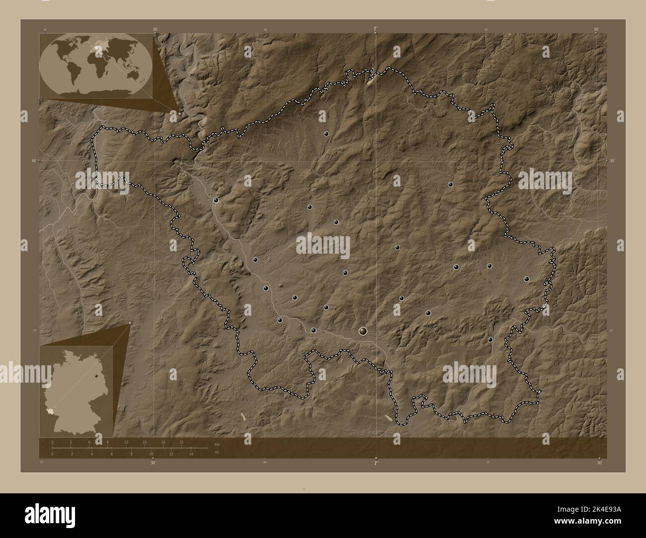 Saarland, state of Germany. Elevation map colored in sepia tones with ...