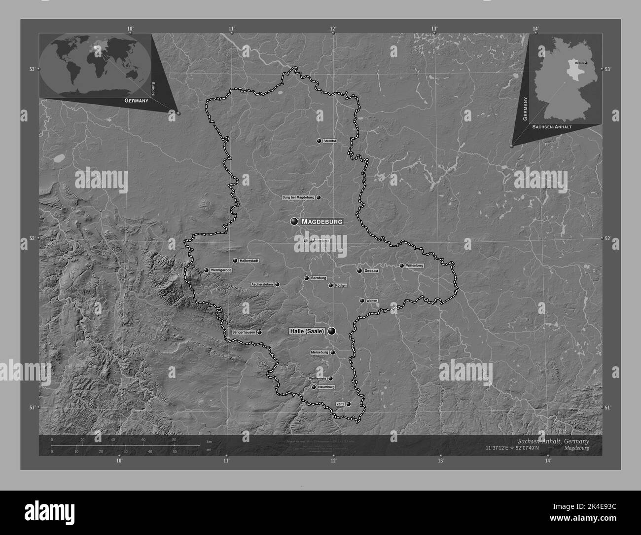 Sachsen-Anhalt, state of Germany. Bilevel elevation map with lakes and ...