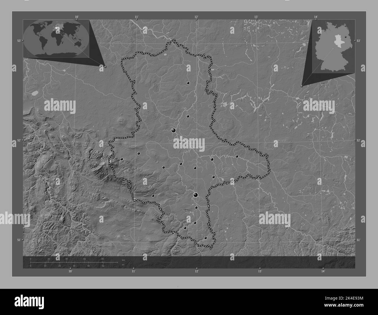 Sachsen-Anhalt, state of Germany. Bilevel elevation map with lakes and ...