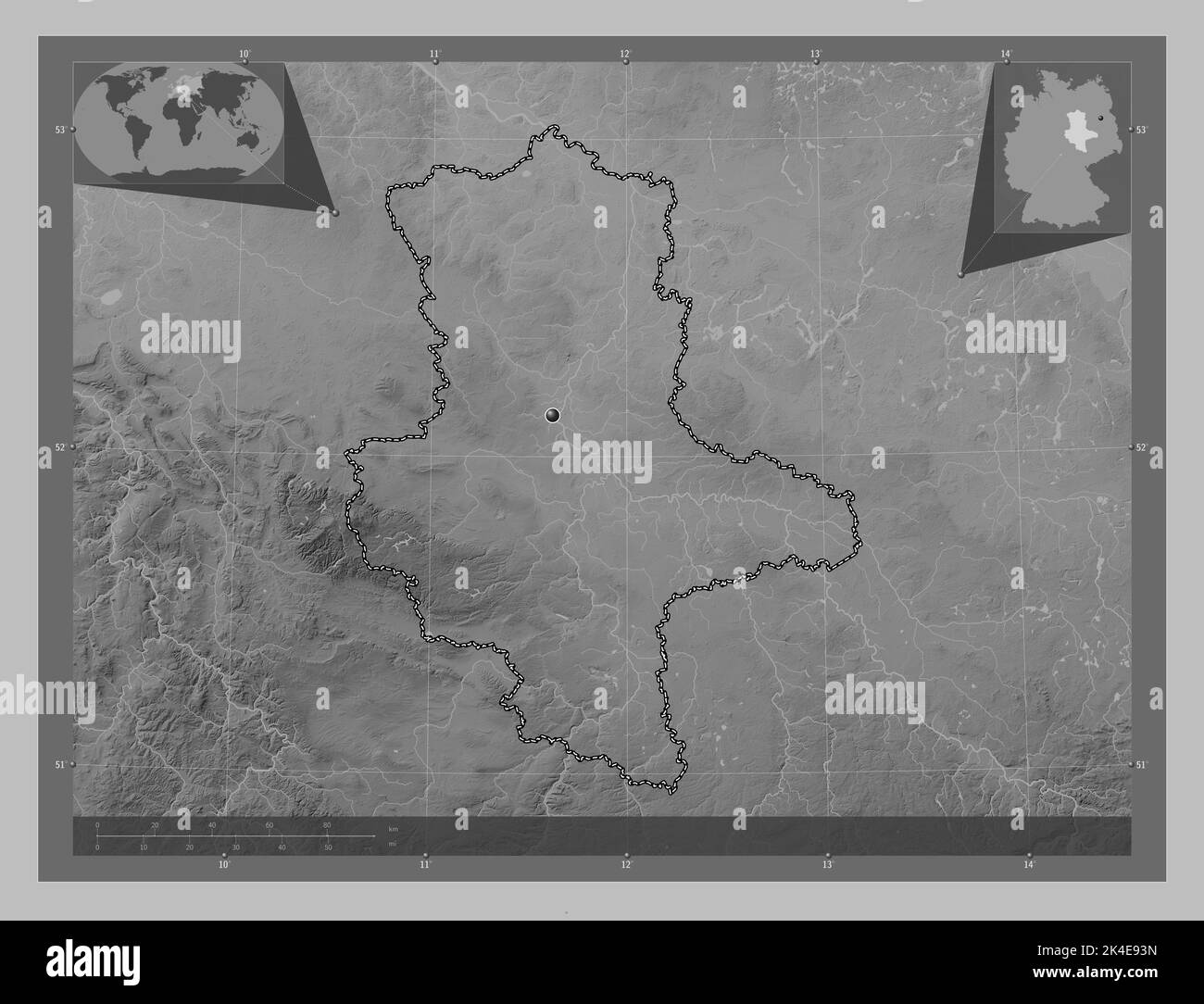 Sachsen-Anhalt, state of Germany. Grayscale elevation map with lakes ...