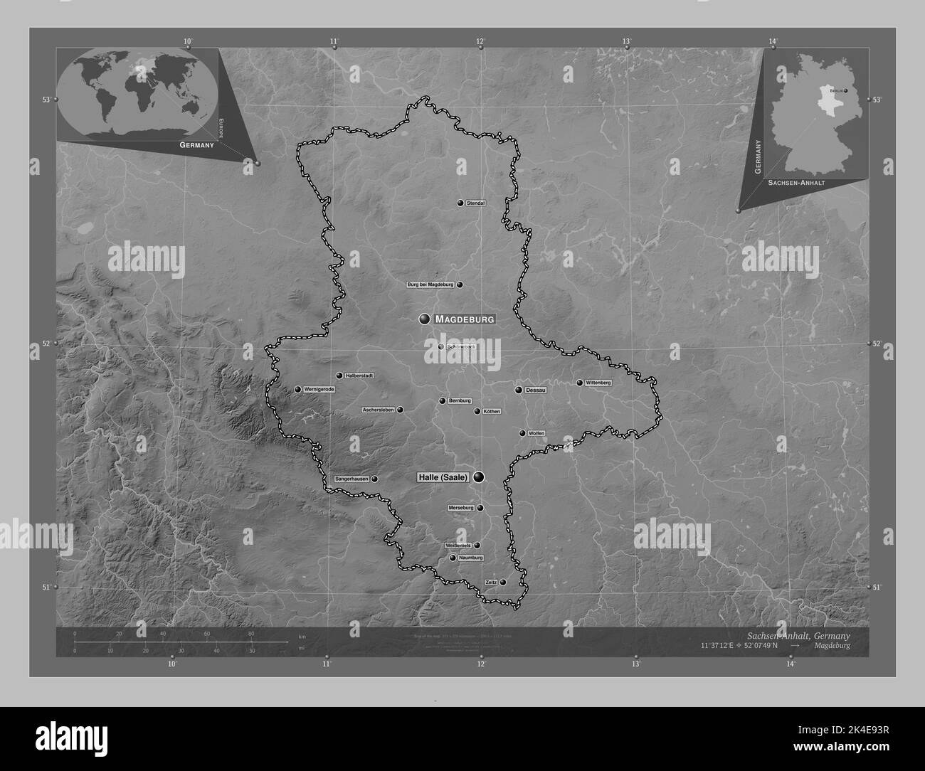 Sachsen-Anhalt, state of Germany. Grayscale elevation map with lakes ...