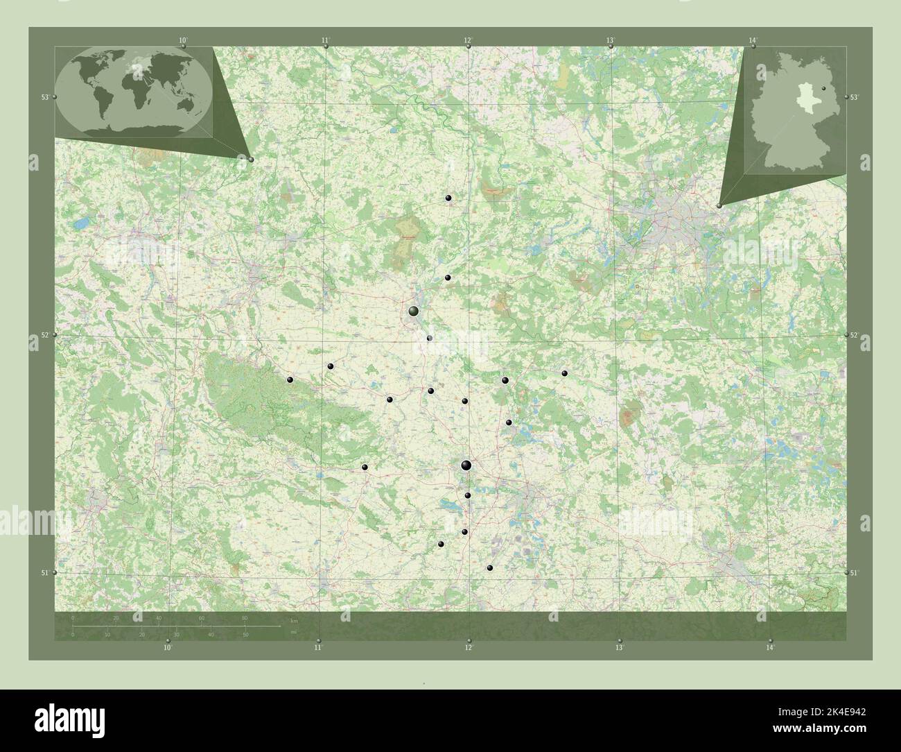 Sachsen-Anhalt, state of Germany. Open Street Map. Locations of major ...