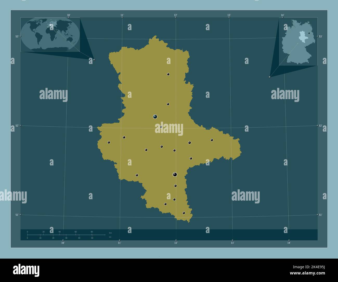 Sachsen-Anhalt, state of Germany. Solid color shape. Locations of major ...