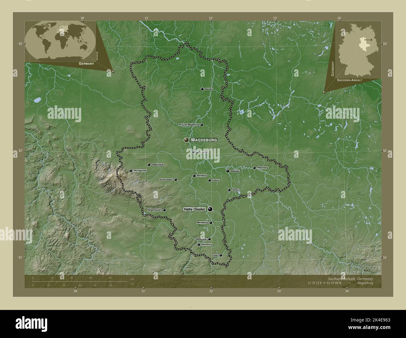 Sachsen-Anhalt, state of Germany. Elevation map colored in wiki style ...
