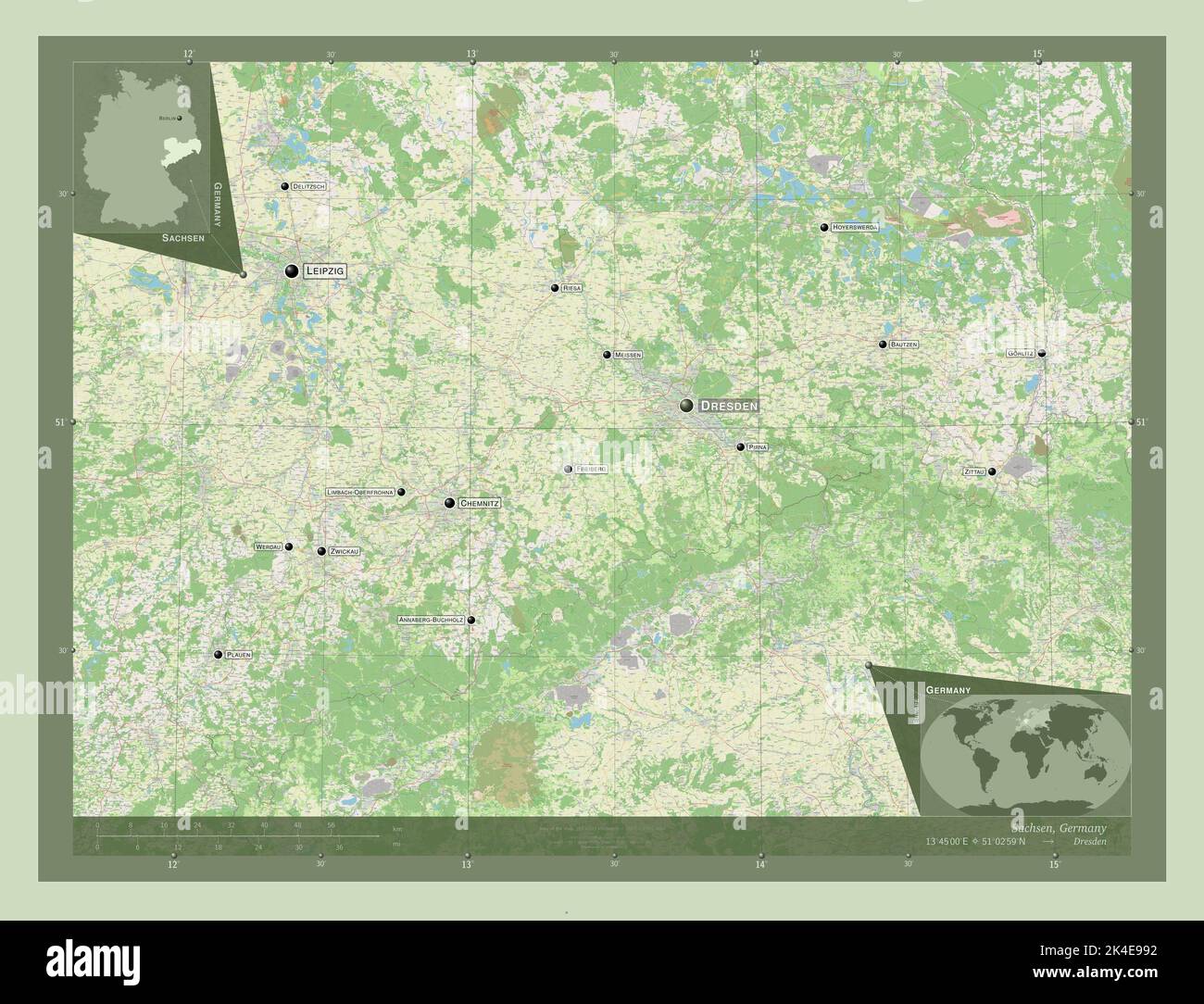Sachsen, state of Germany. Open Street Map. Locations and names of ...