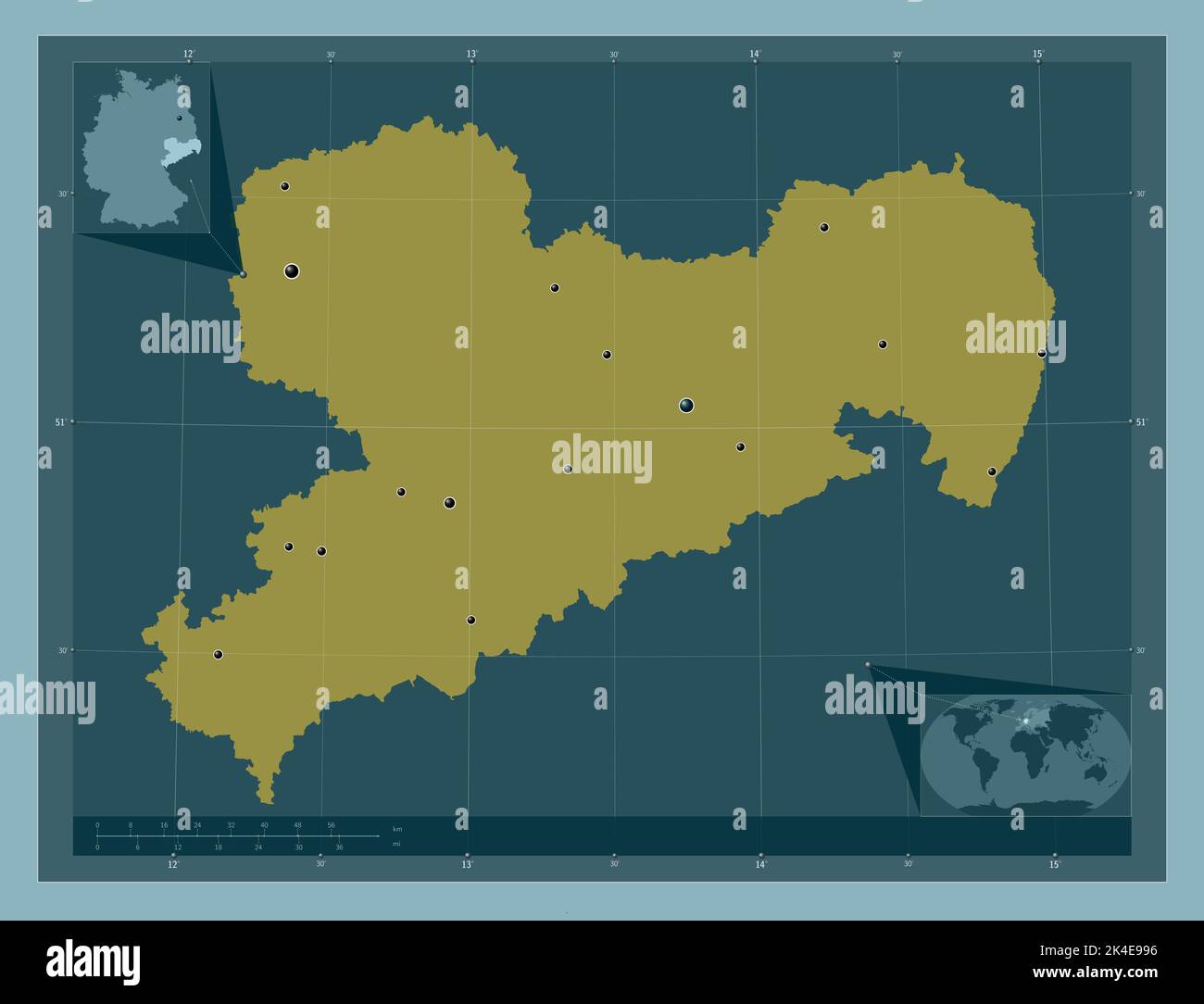 Sachsen, state of Germany. Solid color shape. Locations of major cities ...